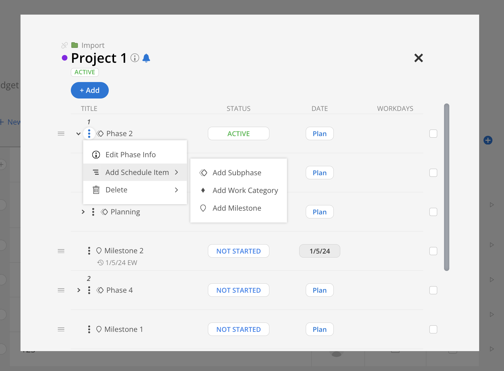 How to add standard Subphase to a Phase on Project Schedule Modal? | Mosaic